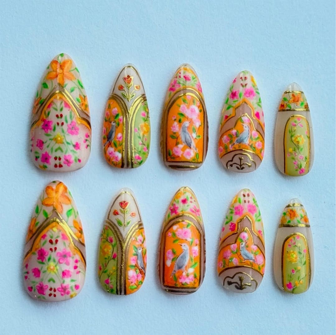Handmade Persian Garden Press on Nails | Hand-painted Birds & Florals ...
