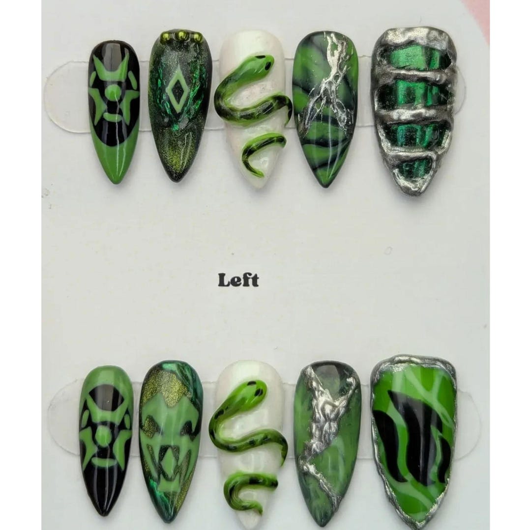 Handmade Serpent Warrior Press on Nails | Emerald Green & Silver Snake ...