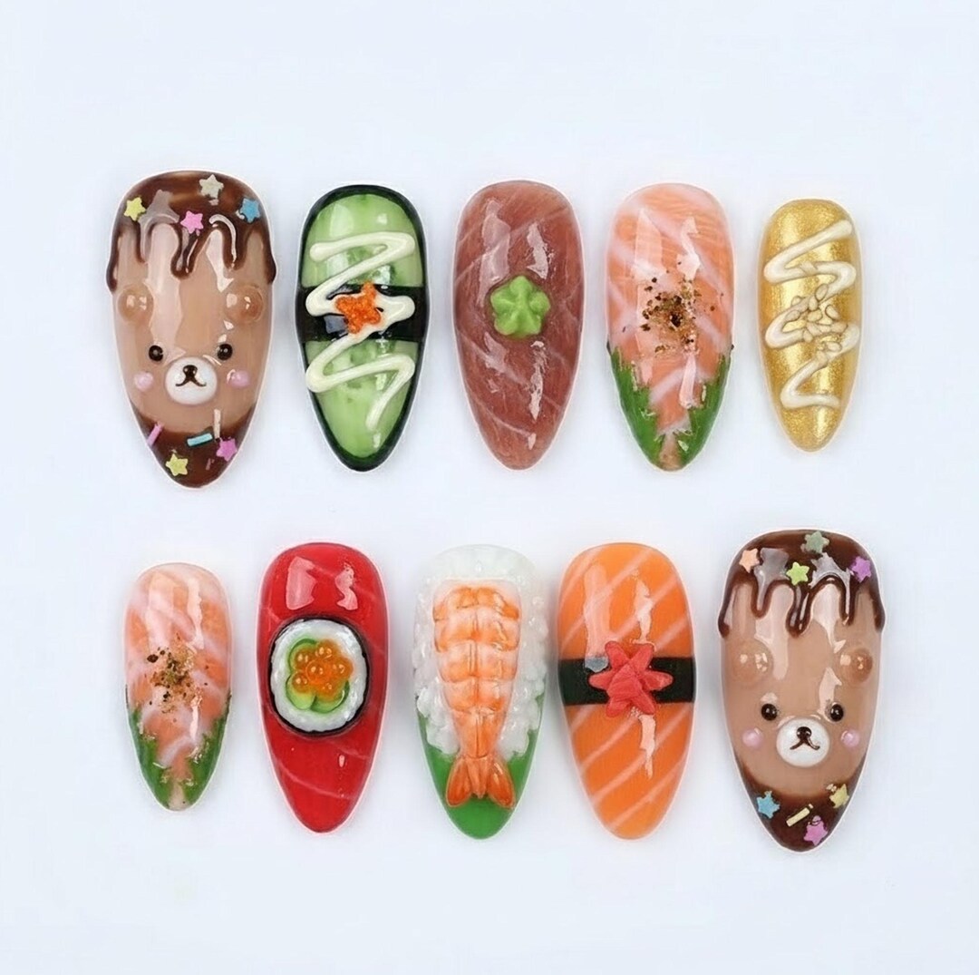 Handmade Kawaii Sushi Press on Nails, 3D Food Nail Art, Bear Chocolate ...