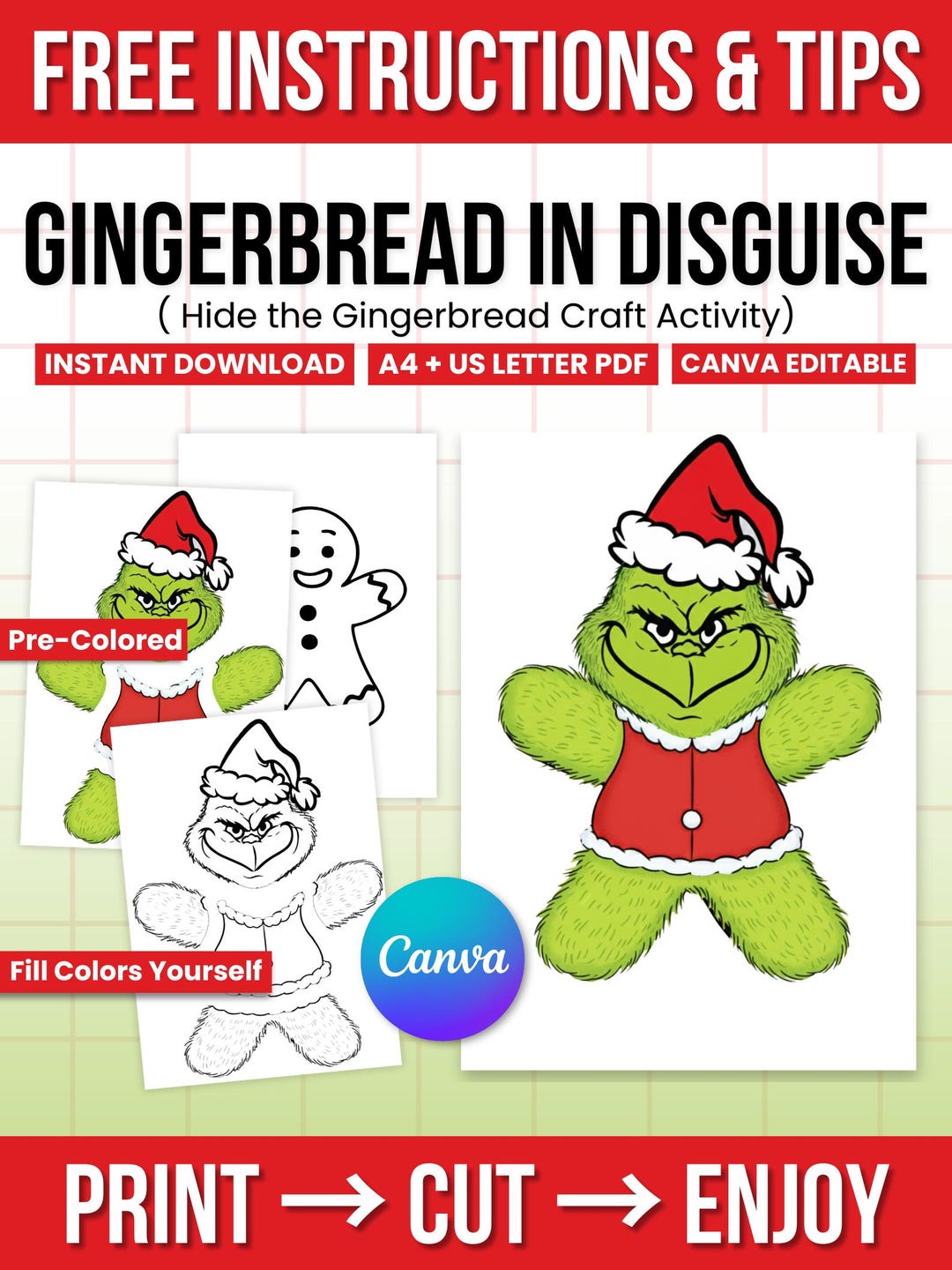 Disguise a Gingerbread Man as a Grinch Printable Craft for Kids ...