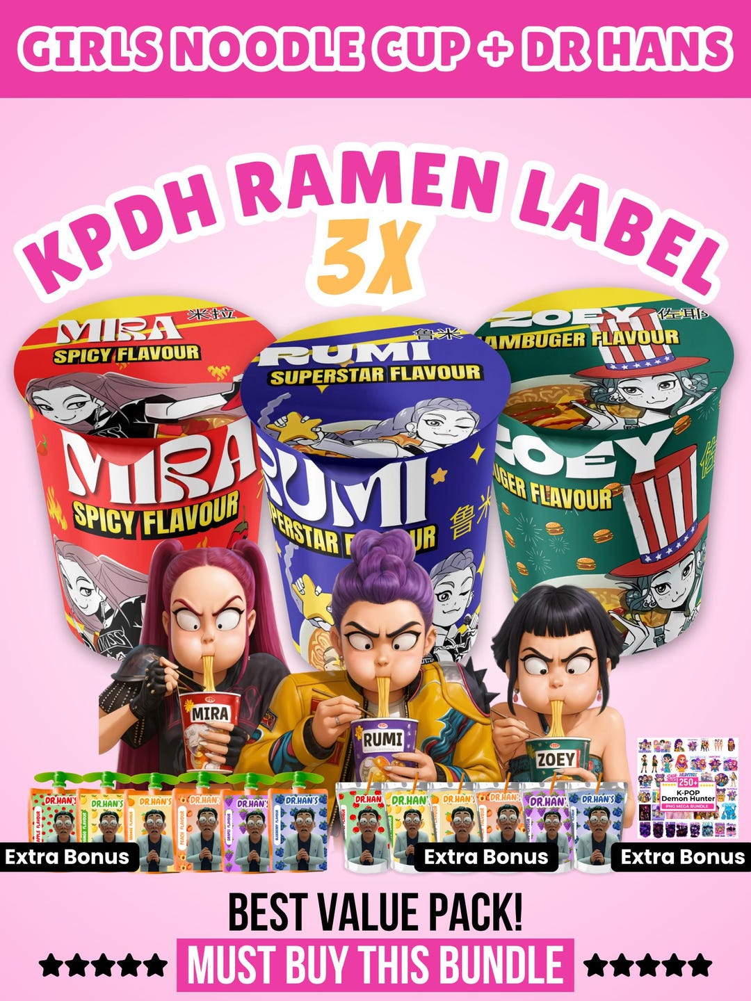 Kpop Demon Hunters Cup Noodle Labels, Huntrix Ramen Ramyeon Party Favor ...