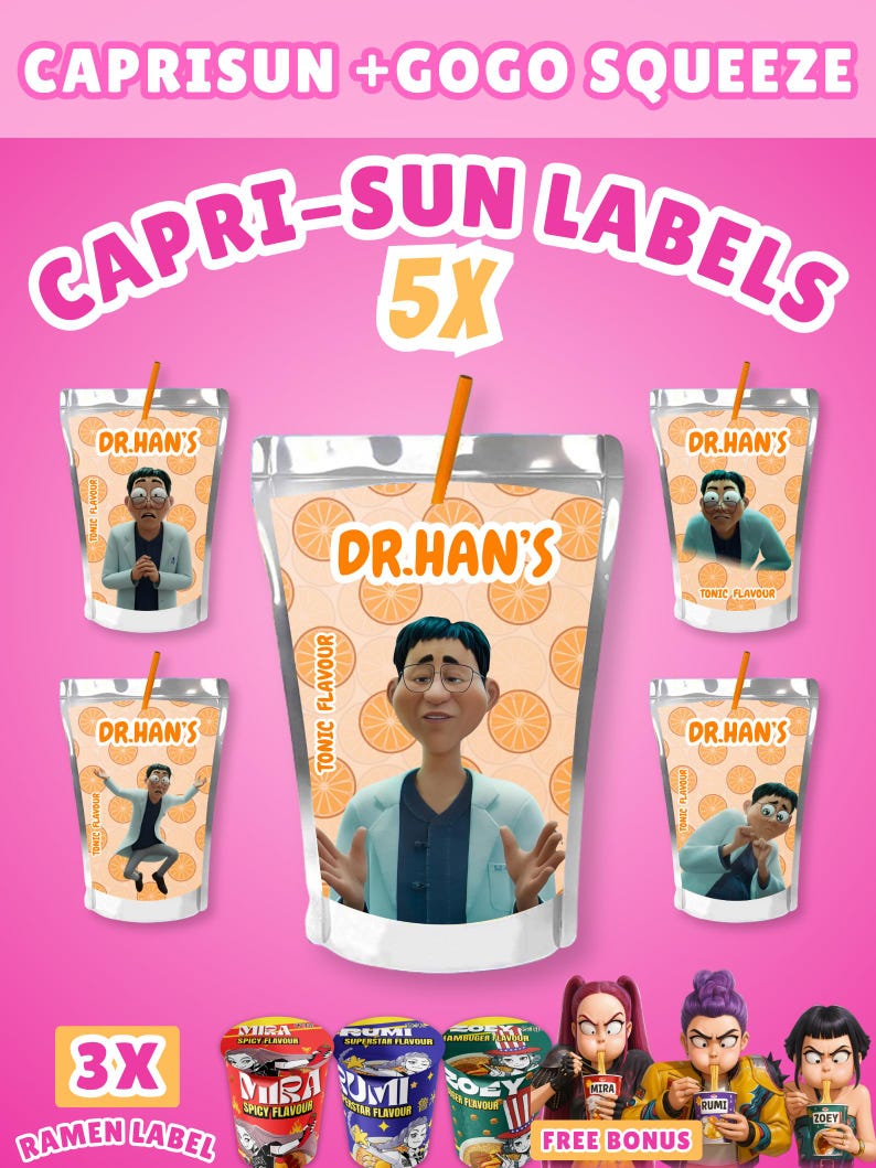 Kpop Demon Hunters, Dr. Han's Tonic Drink Wrapper, Gogo Squeez + Caprisun Juice Label, Rumi's ...