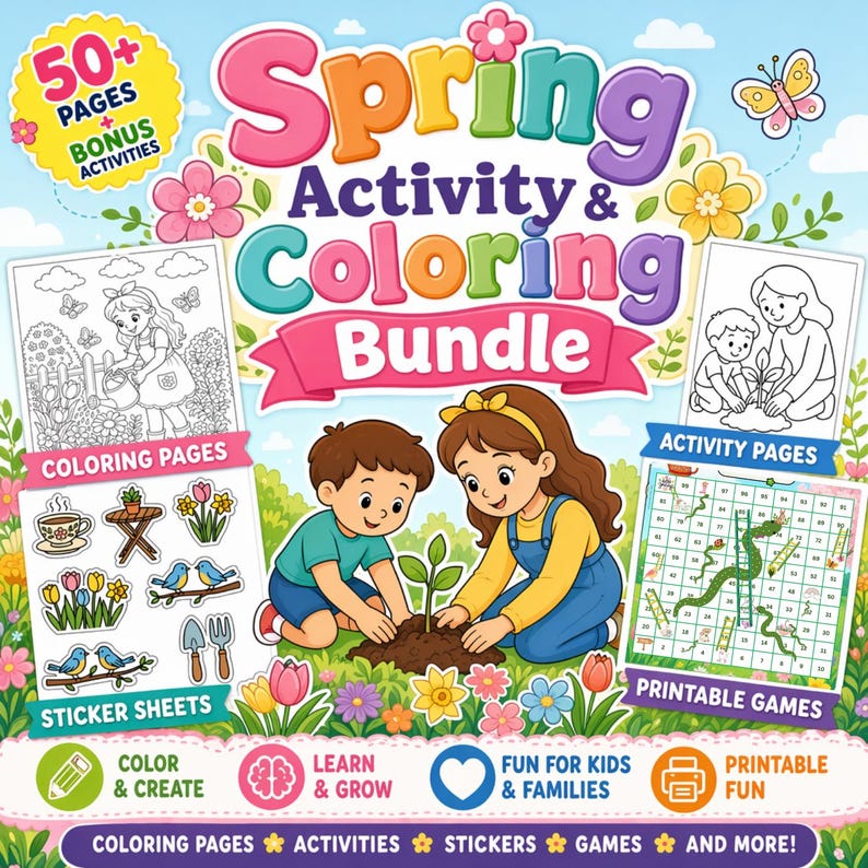 Spring Coloring Book Bundle for Kids & Adults, Printable Activities ...