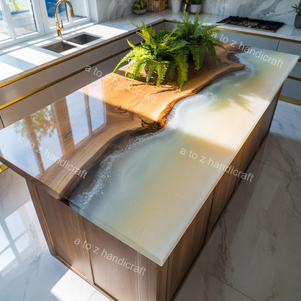 Luxury White Epoxy Kitchen Island, Pearl Resin Wood Countertop, Custom ...