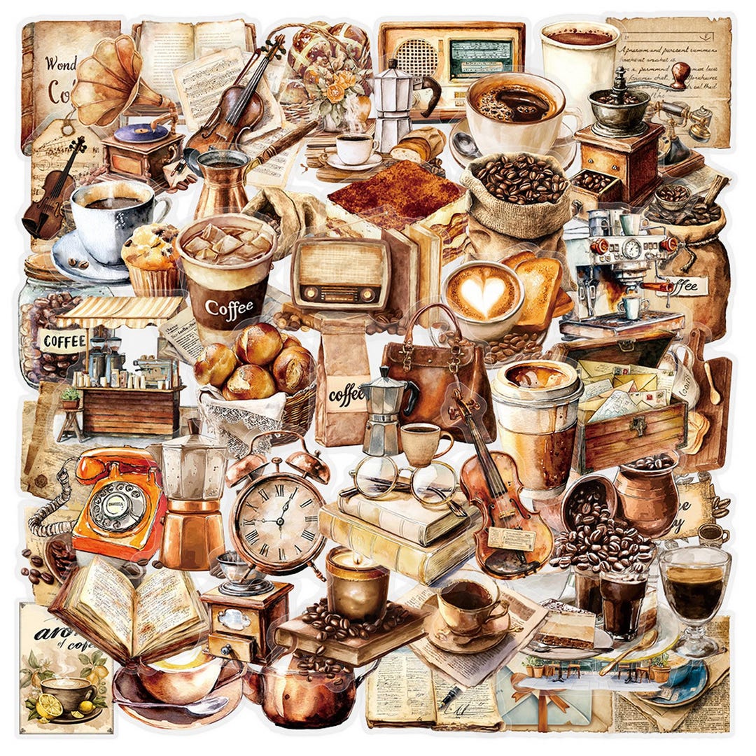 50pcs Vintage Coffee Stickers, Retro Cafe Aesthetic Decals, Waterproof ...