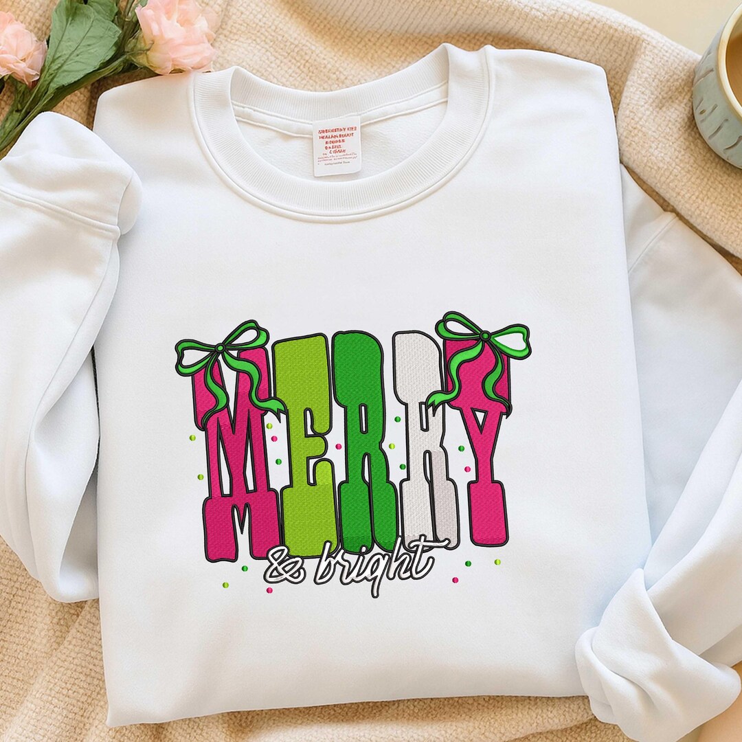 Merry & Bright Embroidery Design, Colorful Merry Letters, Christmas Bow ...