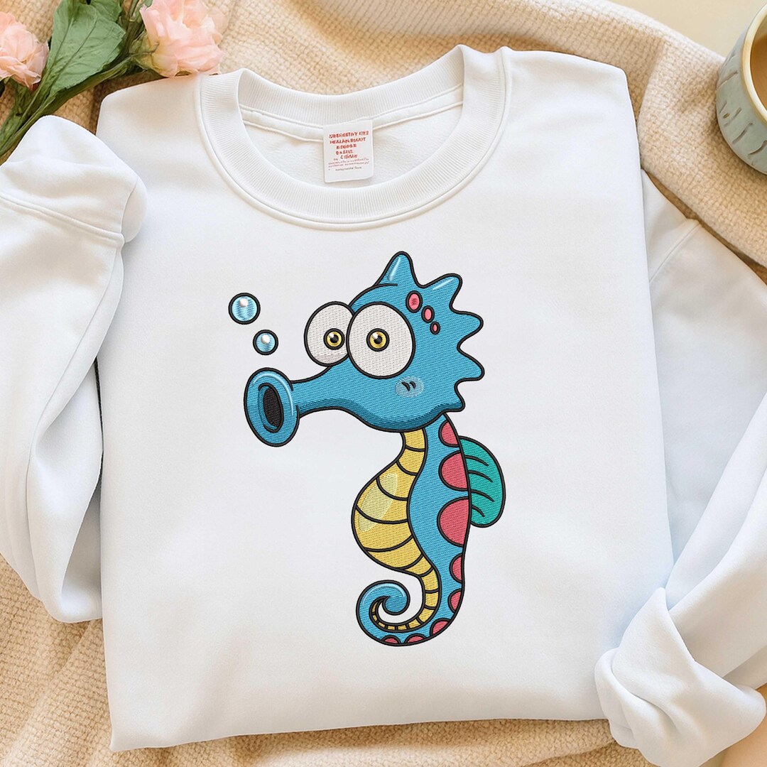 Cute Seahorse Embroidery Design, Cartoon Coastal Animal Stitch Pattern ...