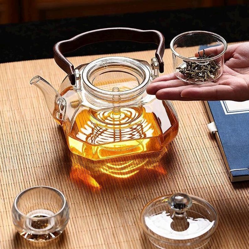 1000ml Borosilicate Glass Tea Set - Teapot With Wooden Handle, Strainer ...