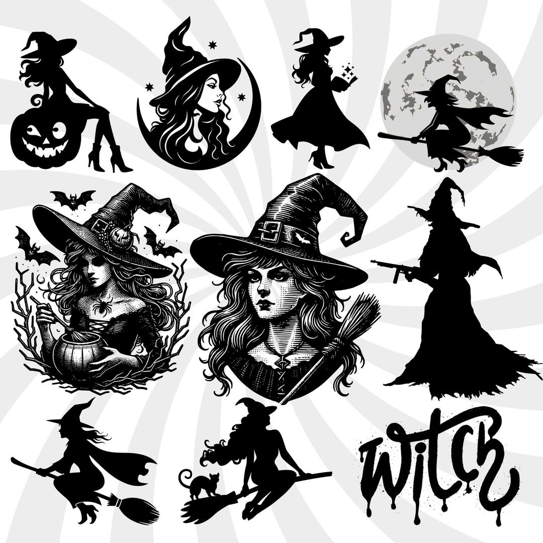 Halloween Witch Silhouette SVG Bundle, Clipart Cut Files (digital ...