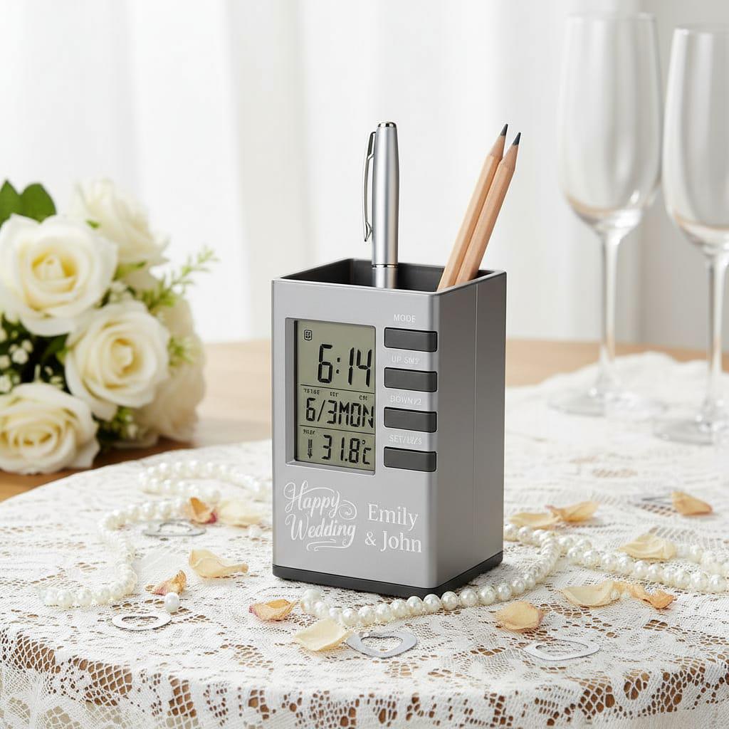Customized Digital Clock Pen Stand | Valentine Gift | Desk Organizer ...