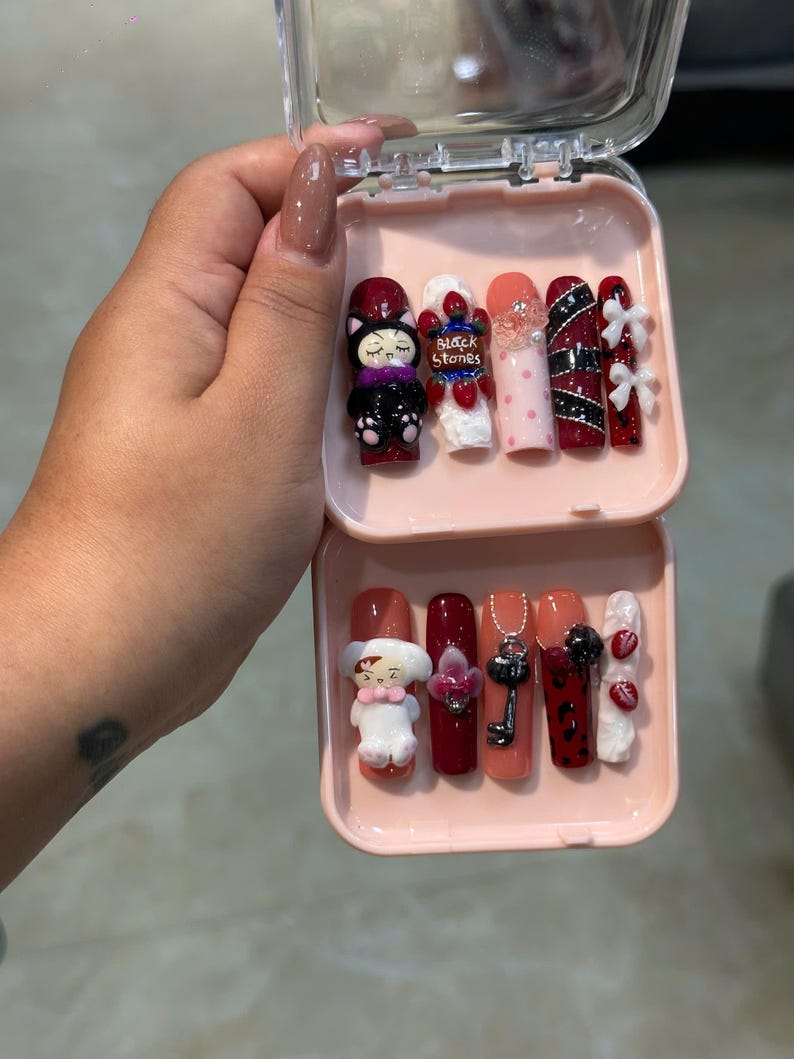 NANA Inspired 3D Press on Nails, Anime Black Stones, Punk Gothic Nail ...