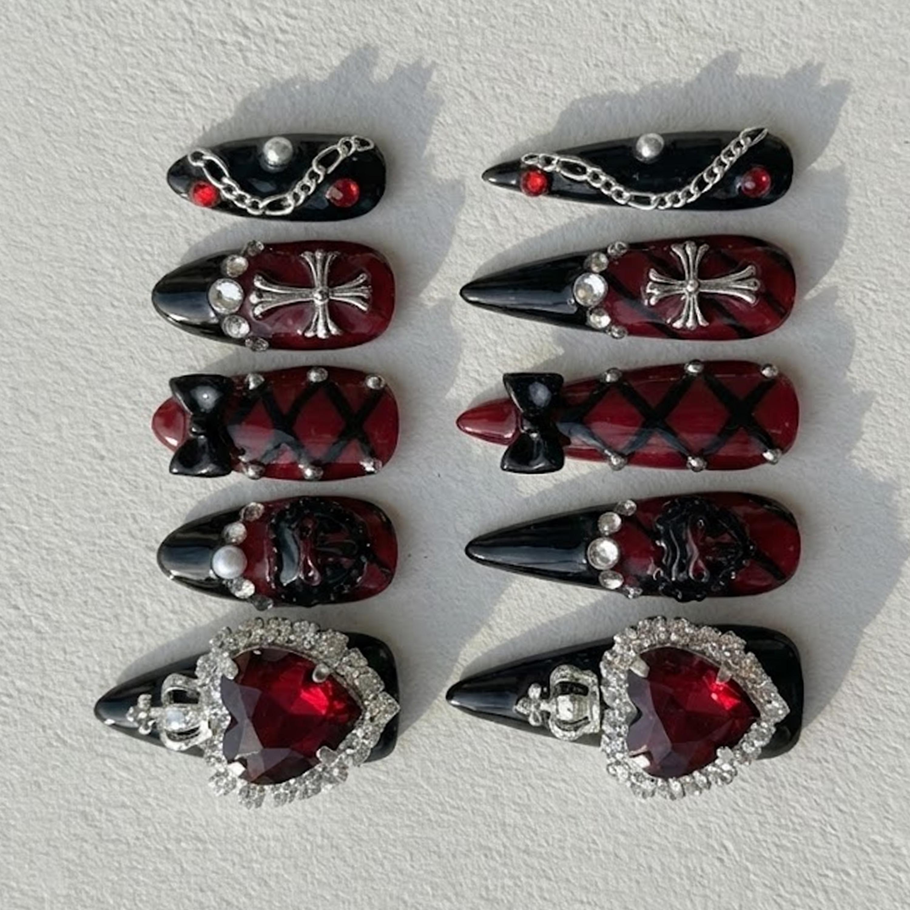 Gothic Red Black Press on Nails, Dark Heart Crown Nails, Cross Chain ...
