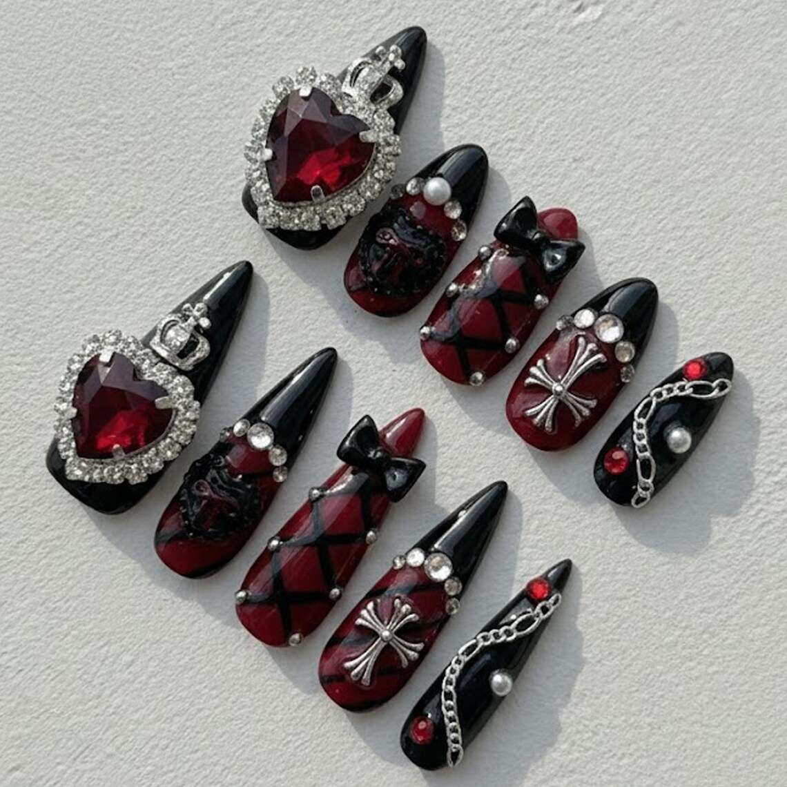 Gothic Red Black Press on Nails, Dark Heart Crown Nails, Cross Chain ...
