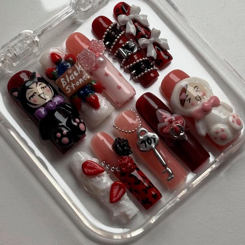 NANA Inspired 3D Press on Nails, Anime Black Stones, Punk Gothic Nail ...