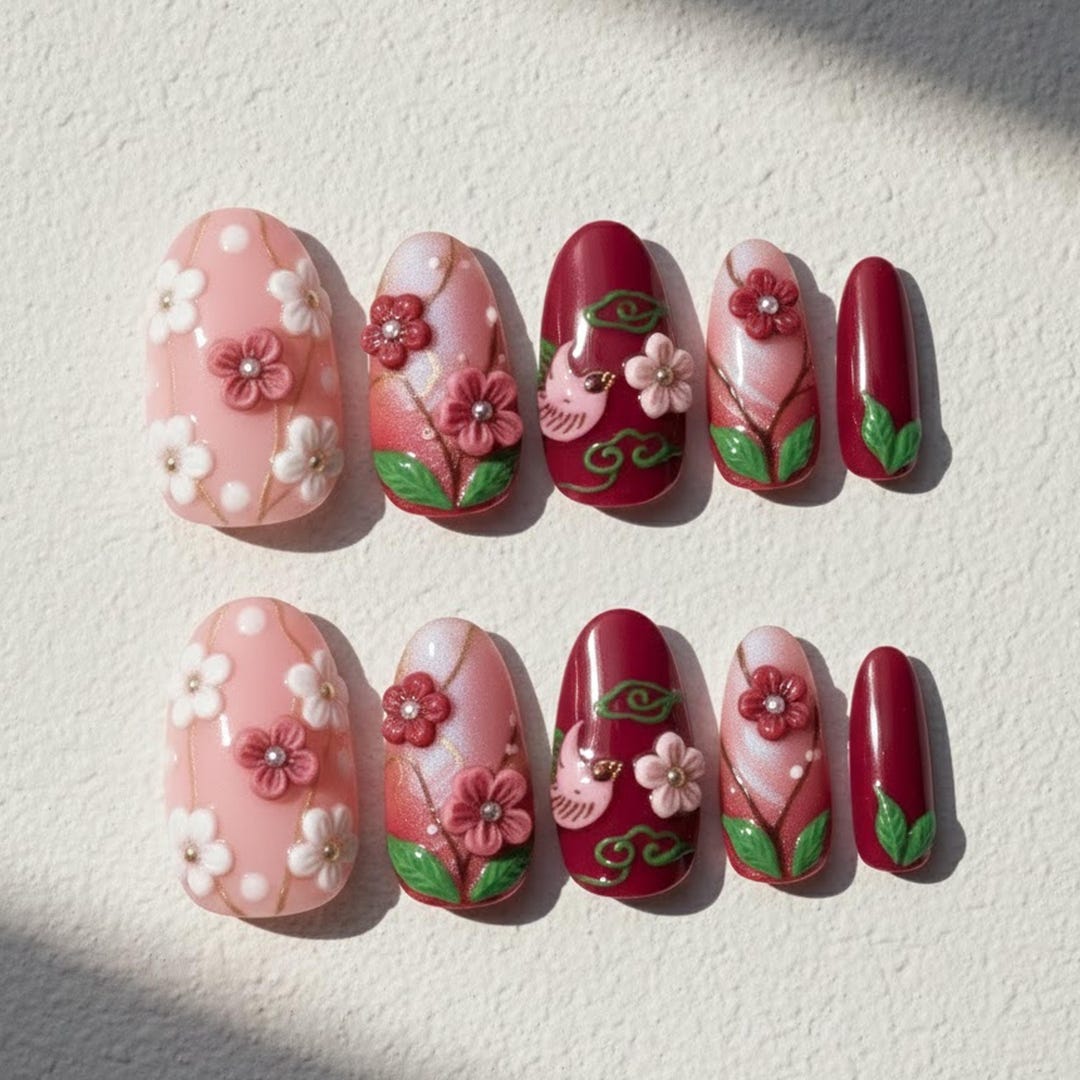 Floral Bird Press on Nails, Red Pink Flower Nails, 3D Blossom Press on ...