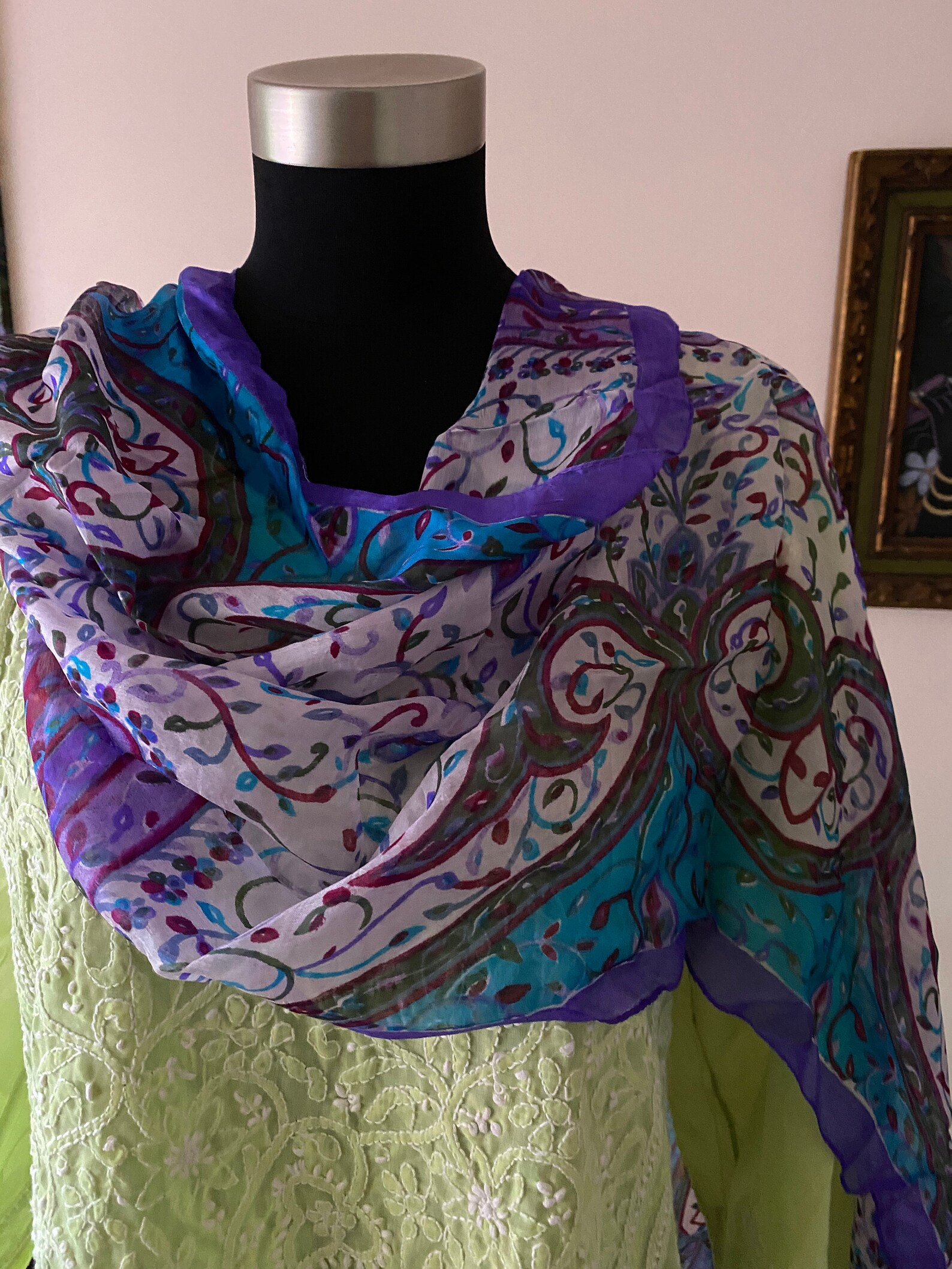 Long Silk Scarf Vacation Scarf Lilac Turquoise Fine Silk Gift - Etsy