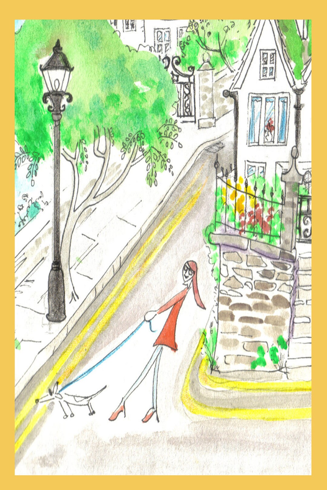 Freda Walking Freddy, Quirky Line Art, Whimsical, Dog Art, Watercolor ...