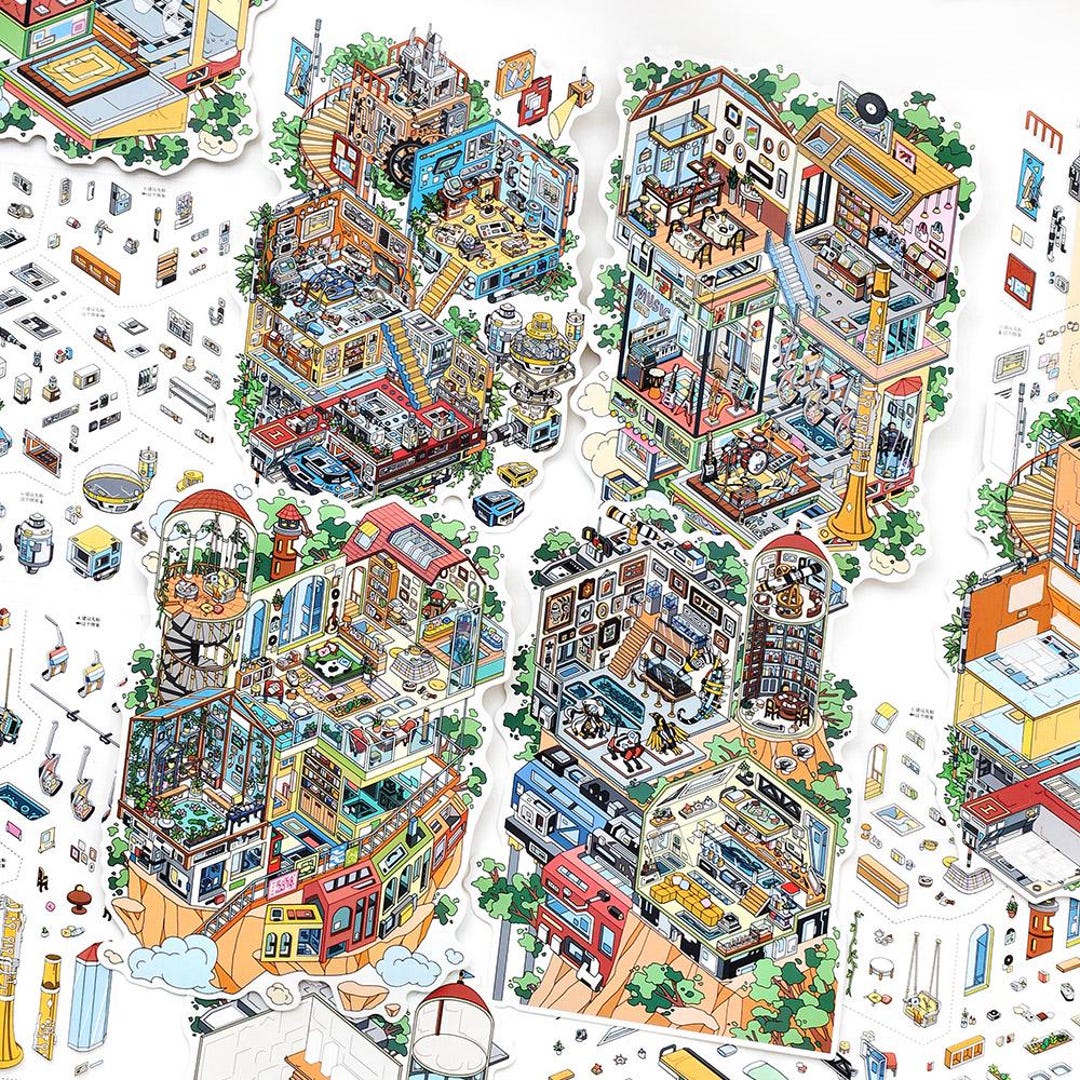 4 Pieces Future Utopia Shop Series,3d Isometric Sticker Scenes, DIY ...