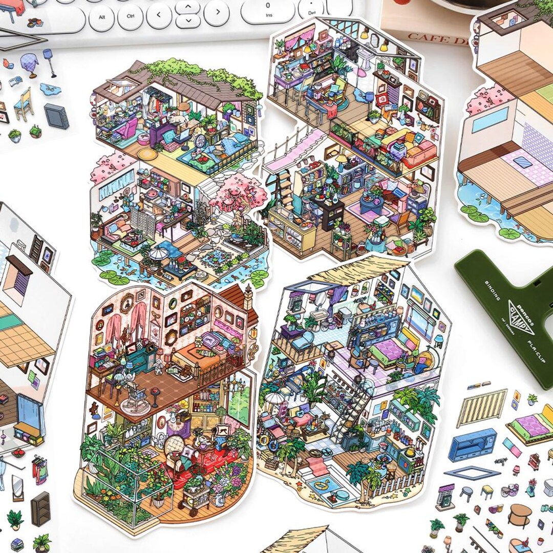 Isometric Living Spaces Stickers, 3D Scene DIY Craft - Etsy