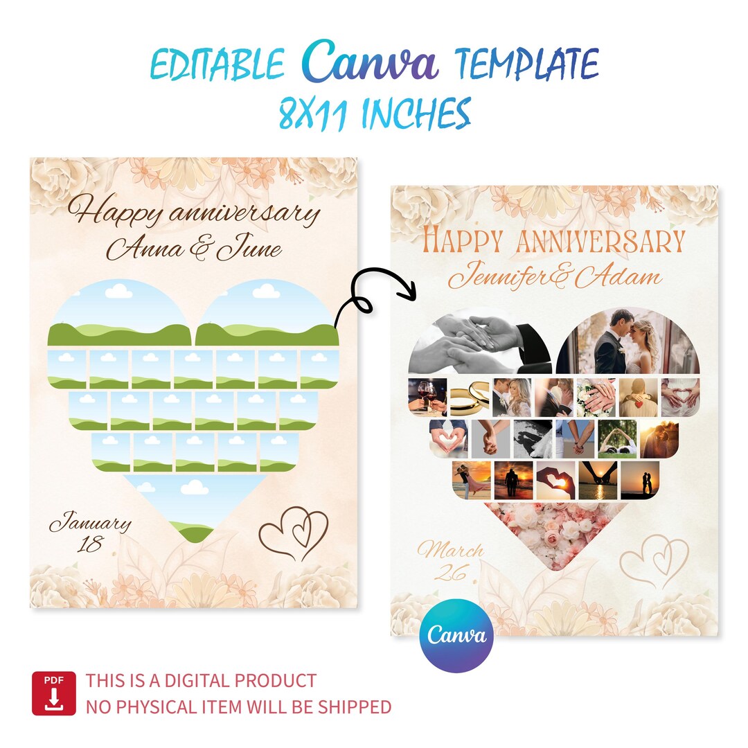 Customizable Heart Photo Collage Canva Template | Anniversary Gift ...