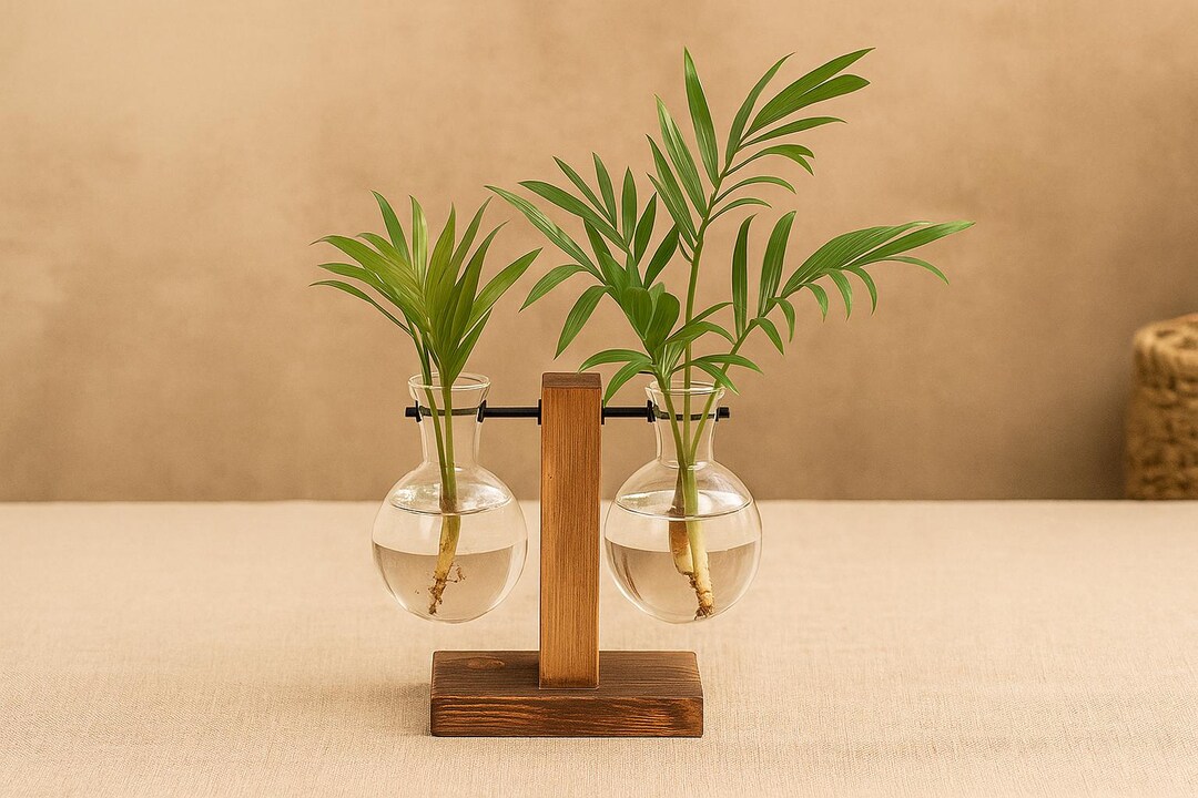 Hydroponic Terrarium: Glass & Wood Vase, Natural Home Decor - Etsy