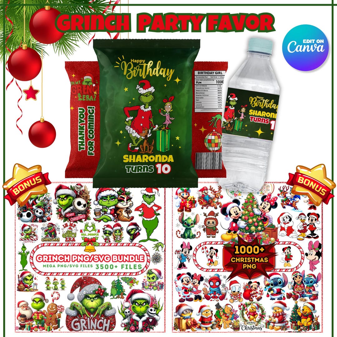 Grinch Christmas Chip Bag Label & Water Bottle Label | Grinch Party ...