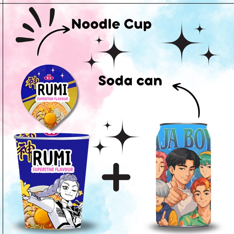Kpop Party Bundle , Huntrix Kpop Ramen Cup Noodle Labels + Saja Boys ...