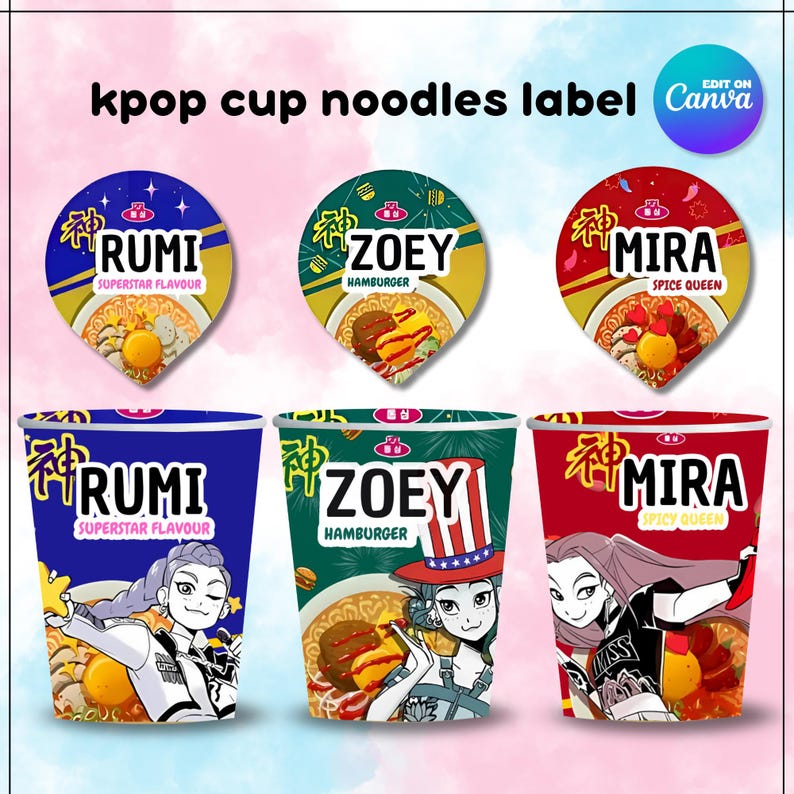 Kpop Party Bundle , Huntrix Kpop Ramen Cup Noodle Labels + Saja Boys ...