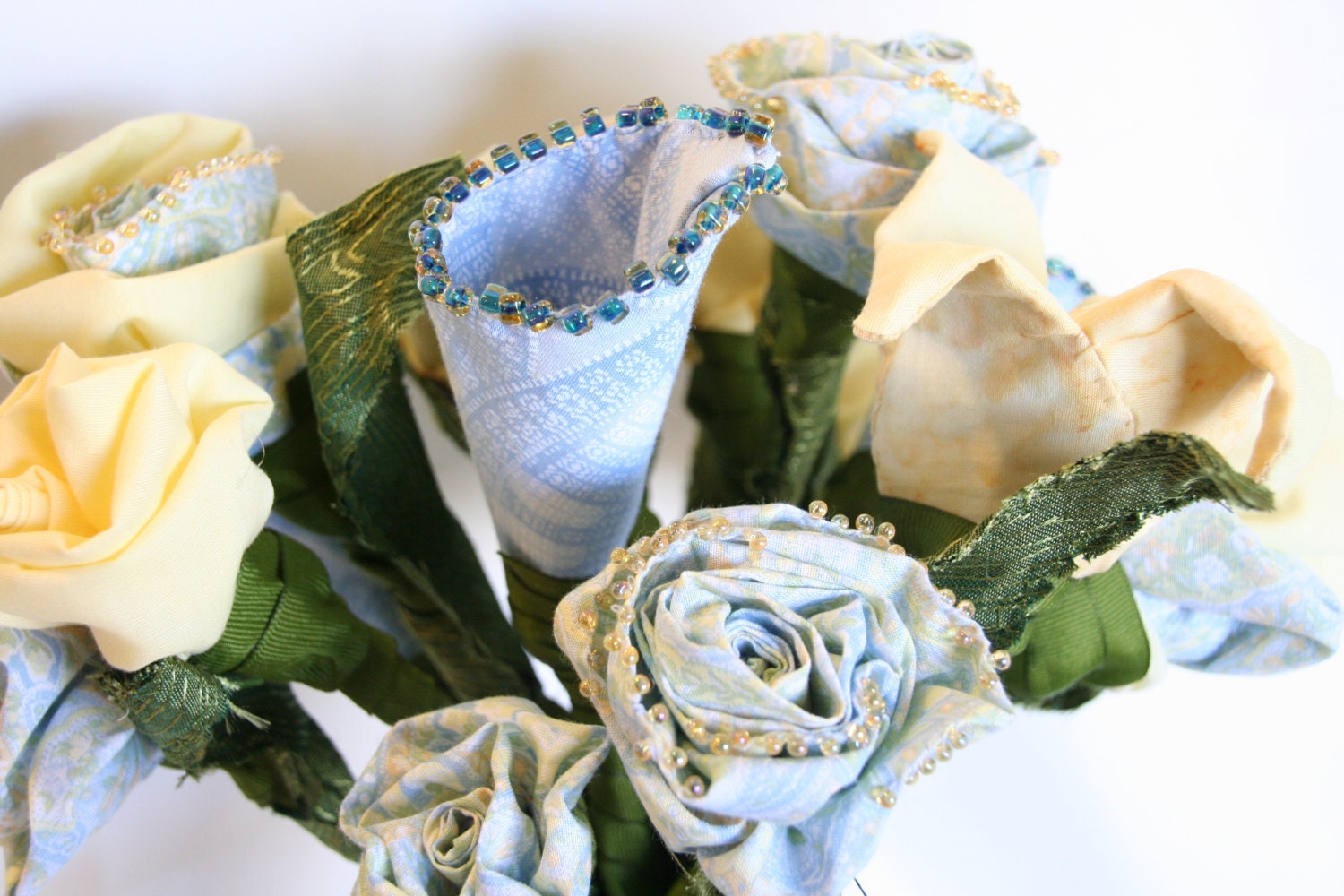 Handmade Everlasting Fiber Art Fabric Flower Bouquet, Blue and Yellow ...