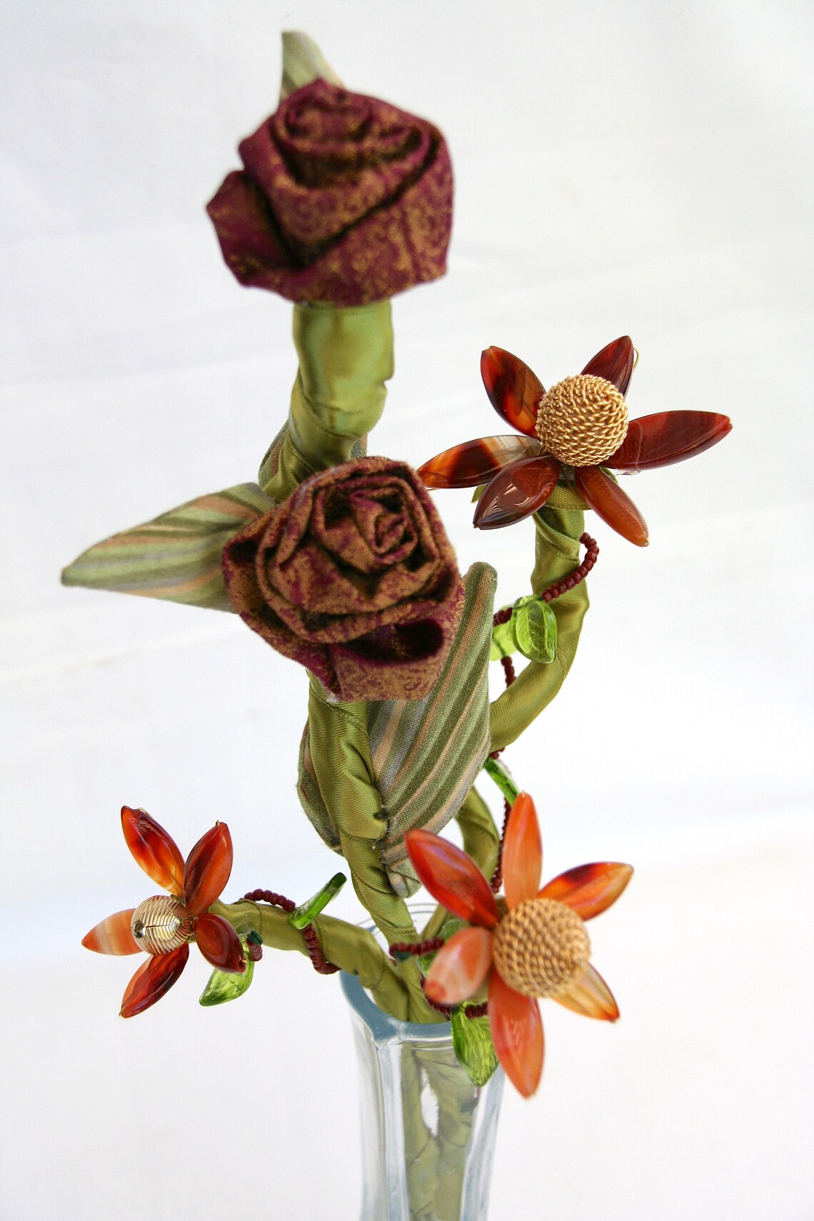 Burgundy Gold Rose Buds With Hand Beaded Stems in Vase, Soft Sculpture ...