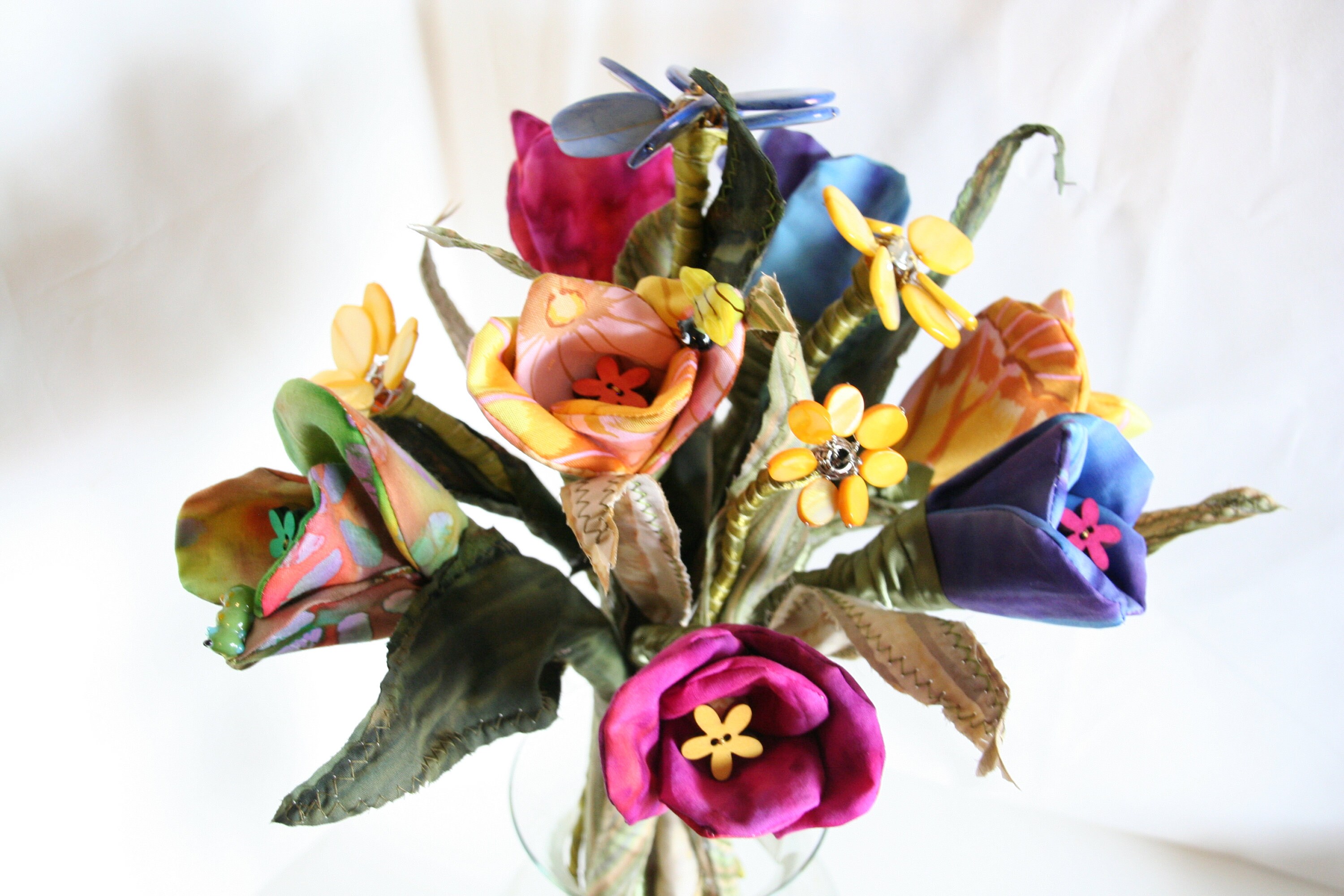 Handmade Everlasting Fiber Art Fabric Flower Bouquet Blue and | Etsy