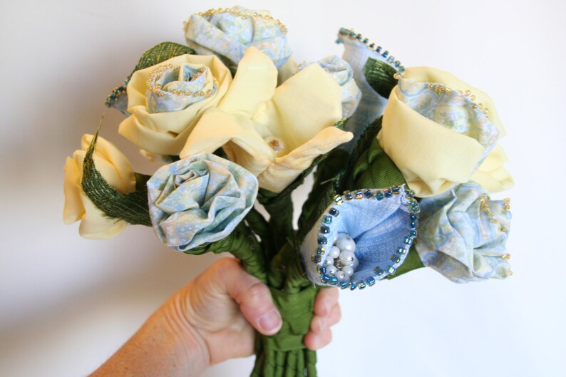 Handmade Everlasting Fiber Art Fabric Flower Bouquet, Blue and Yellow ...