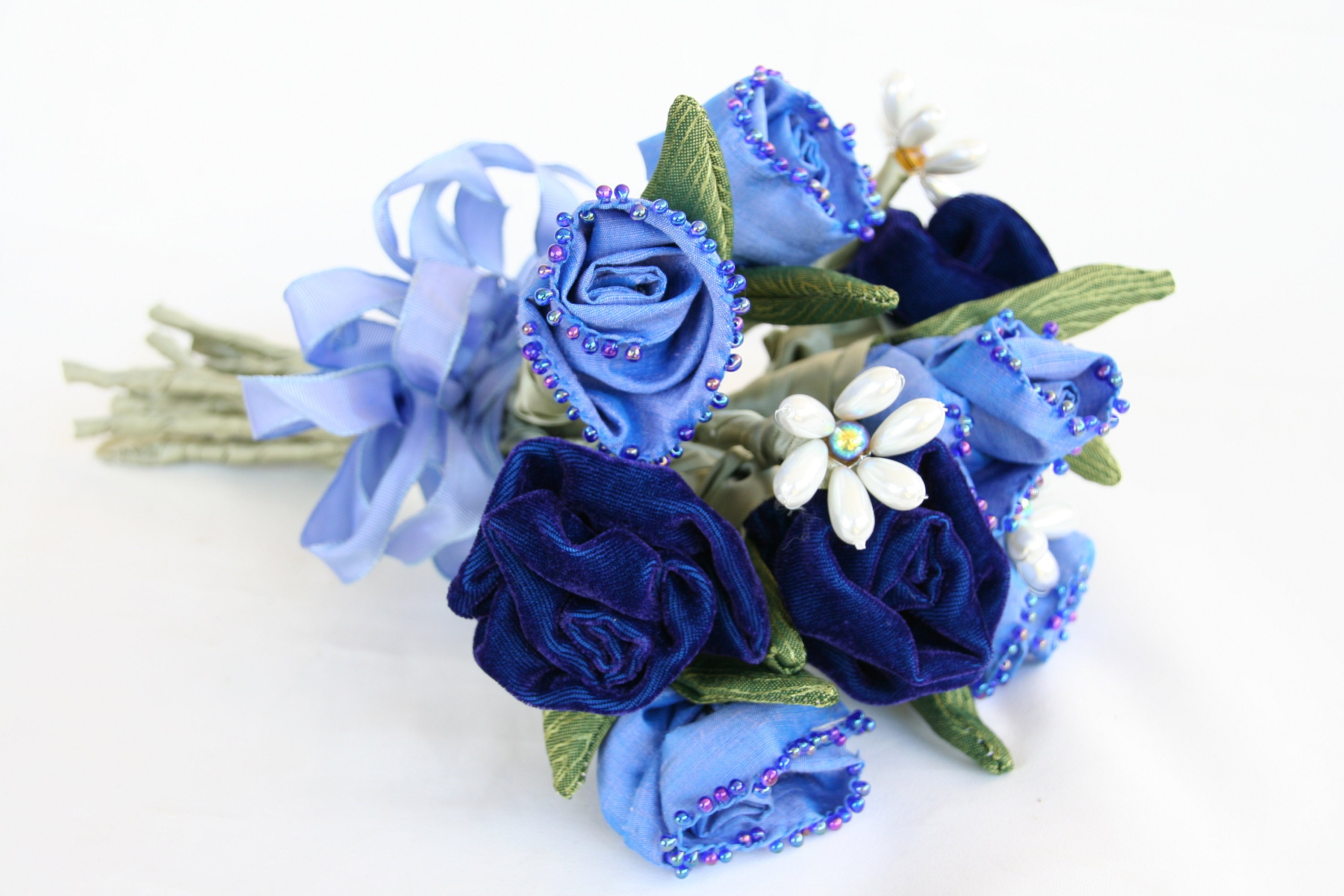 Handmade Everlasting Fiber Art Fabric Flower Bouquet Blue and | Etsy