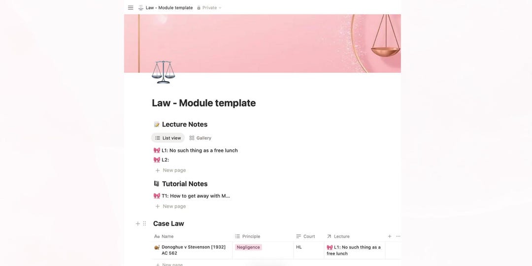Law School Notion Template: Lecture Notes, Case Briefs (digital ...