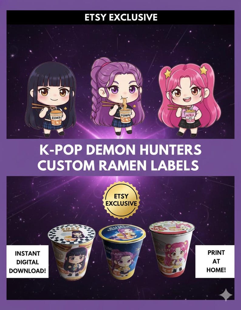 Kpop Demon Hunters Ramen Labels: Mira, Rumi, Zoey Chibi Noodle Wraps ...