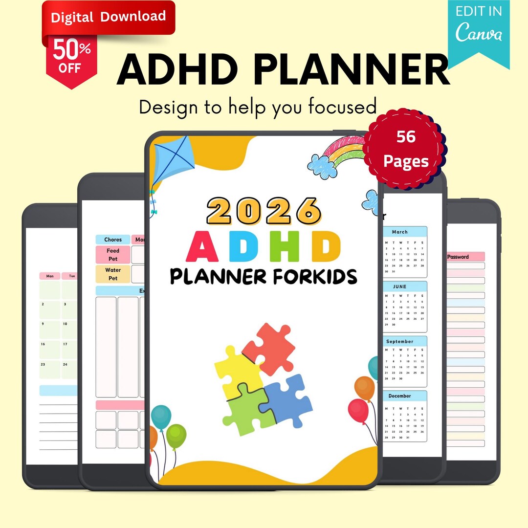 2026 Editable ADHD Planner for Kids Canva Template | Daily Weekly ...