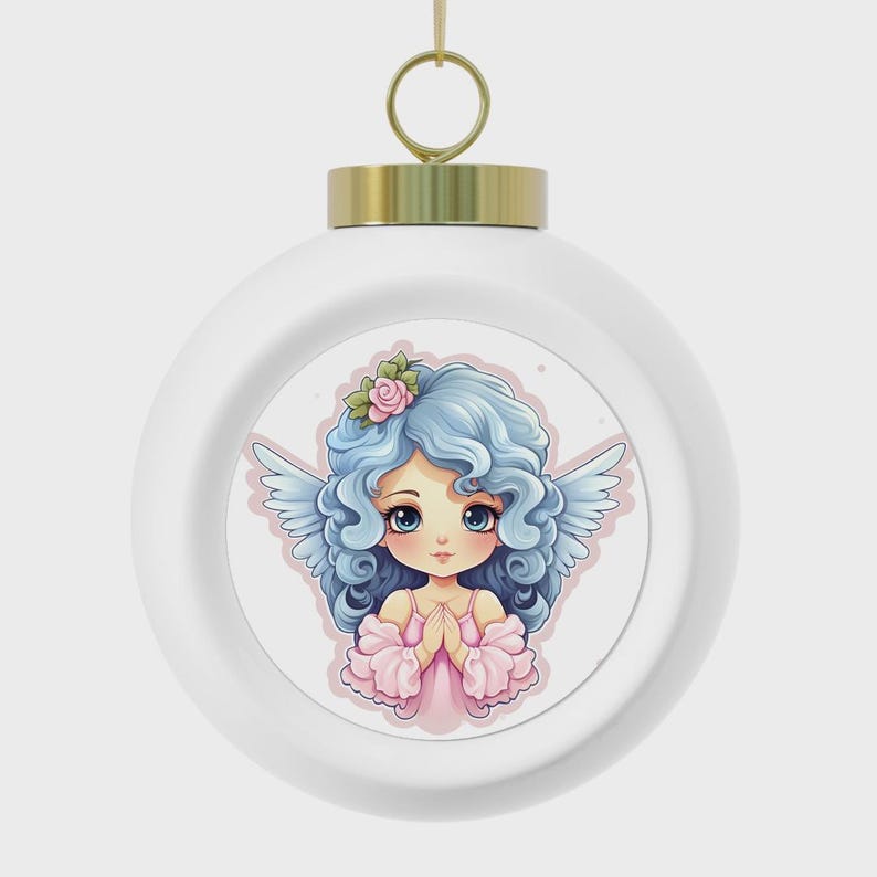 Chibi Angel Christmas Ball Ornament Cute Kawaii Blue Hair Pink Dress ...