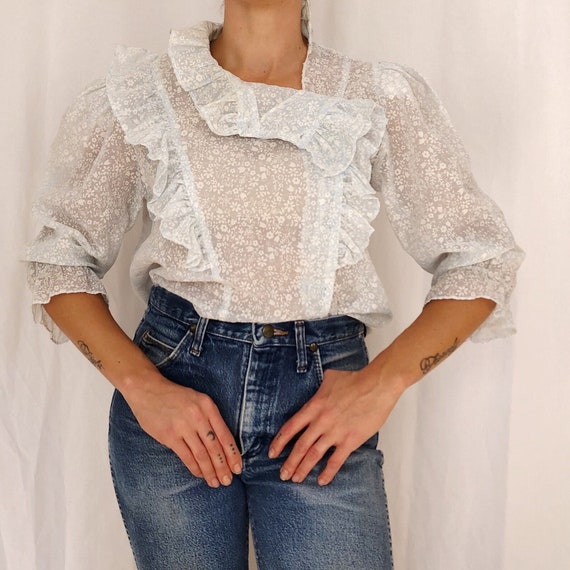 Vintage 80s Ruffle Collar Blouse, High Neck, Sheer, E… - Gem
