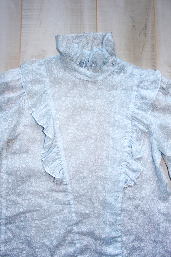 Vintage 80s Ruffle Collar Blouse, High Neck, Sheer, E… - Gem