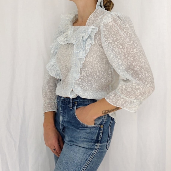 Vintage 80s Ruffle Collar Blouse, High Neck, Sheer, E… - Gem