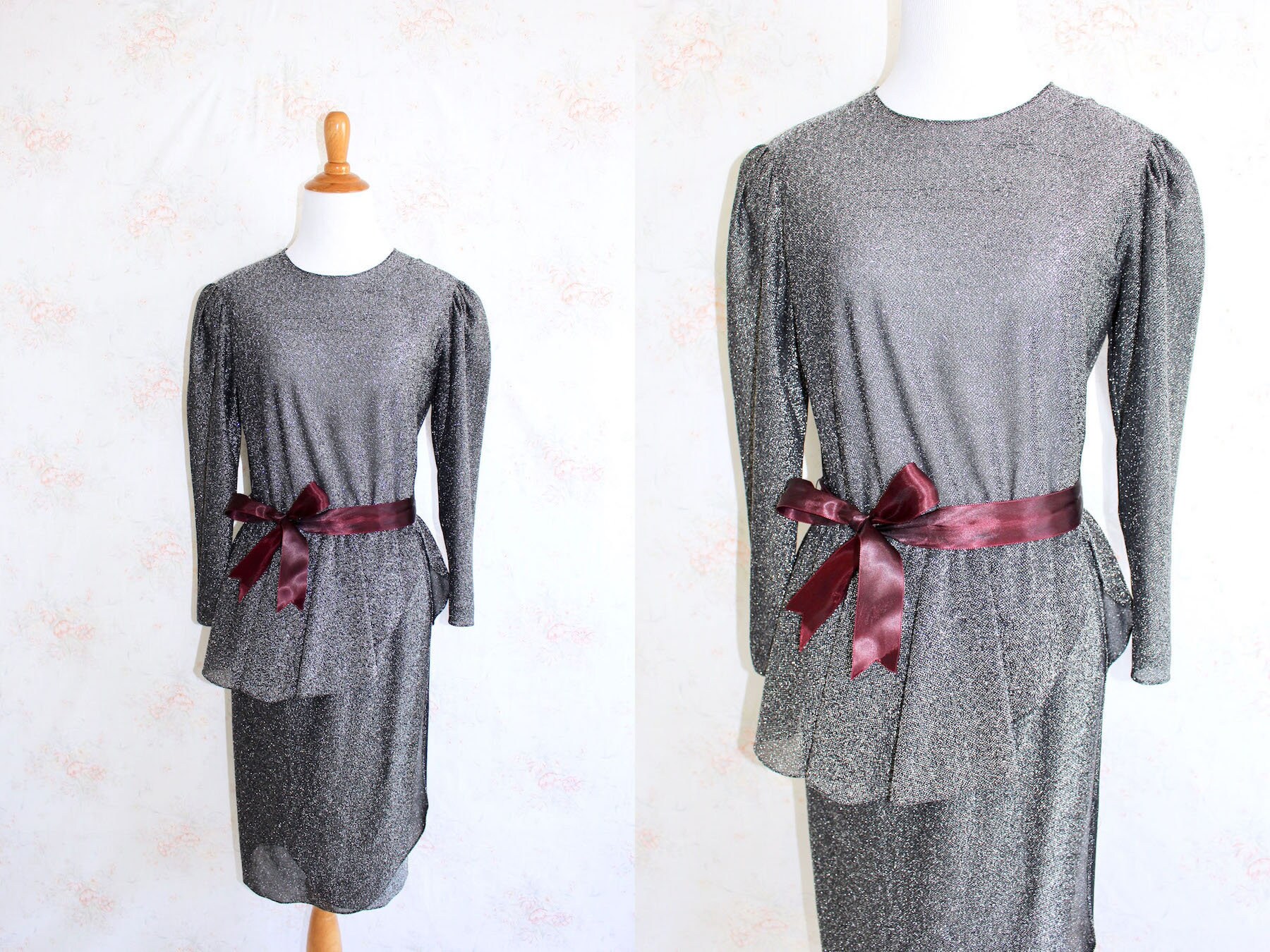 Vintage 80s Metallic Silver Dress, 1980s Sparkly Disco Dress, Peplum ...