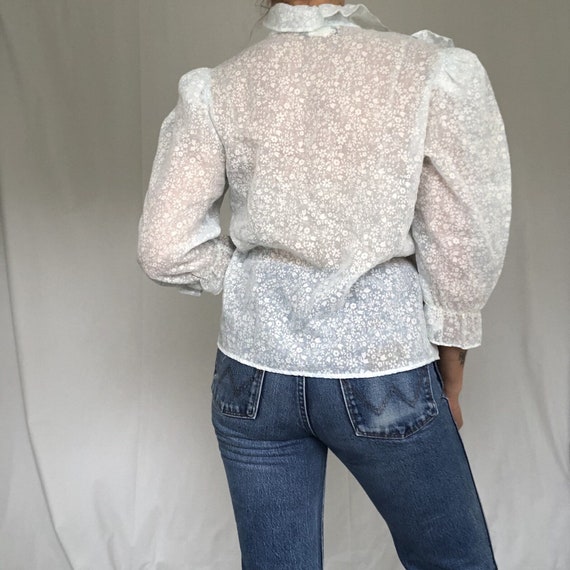 Vintage 80s Ruffle Collar Blouse, High Neck, Sheer, E… - Gem