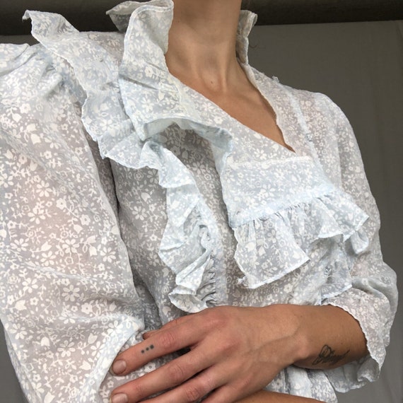 Vintage 80s Ruffle Collar Blouse, High Neck, Sheer, E… - Gem