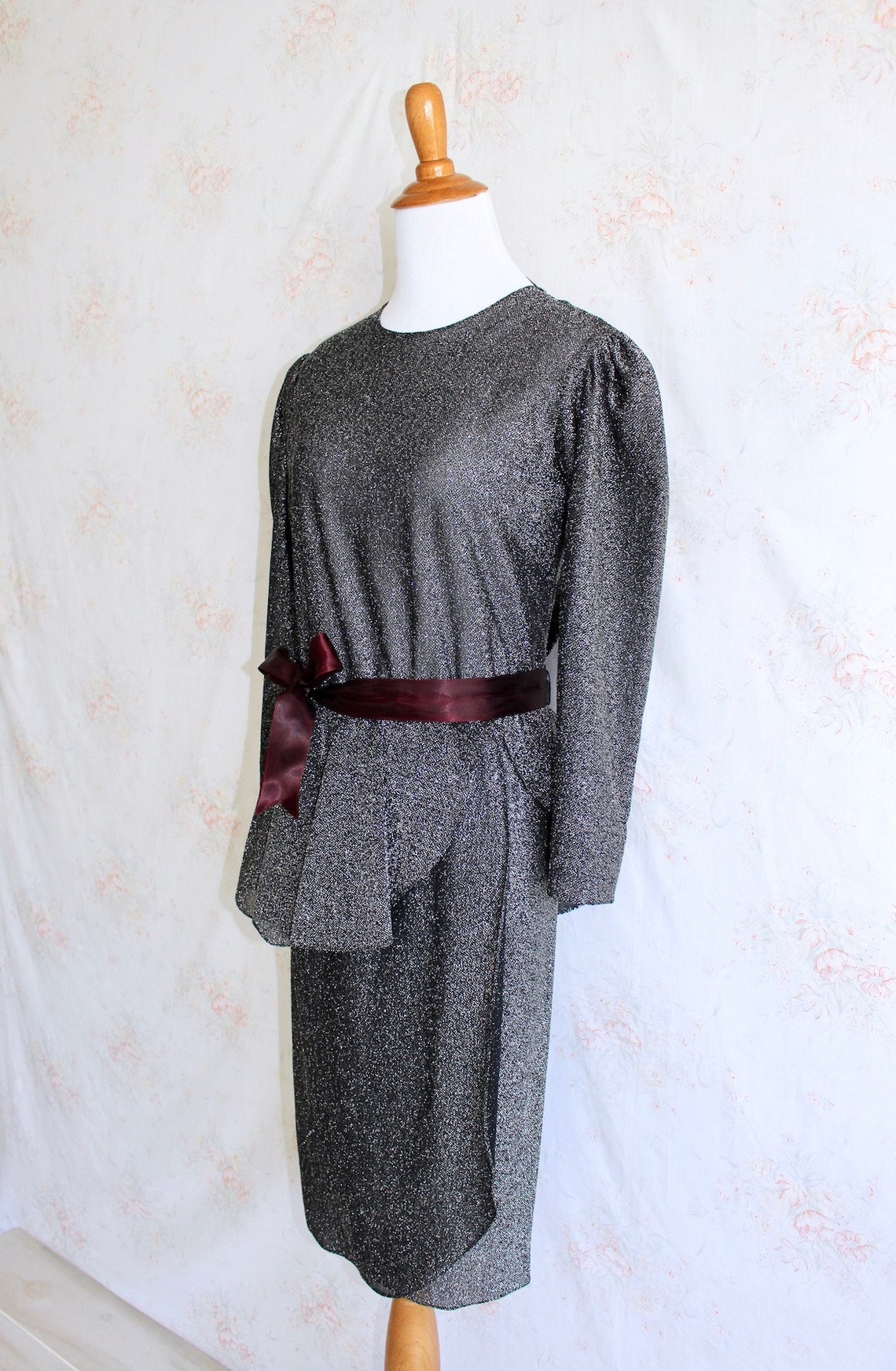 Vintage 80s Metallic Silver Dress, 1980s Sparkly Disco Dress, Peplum ...
