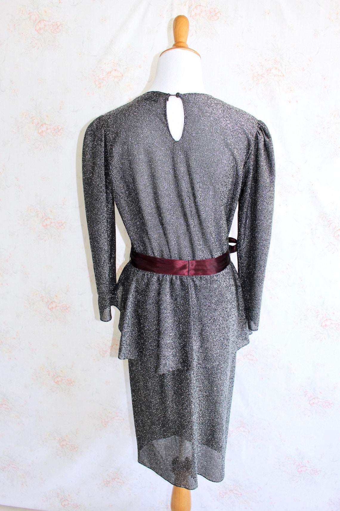 Vintage 80s Metallic Silver Dress, 1980s Sparkly Disco Dress, Peplum ...