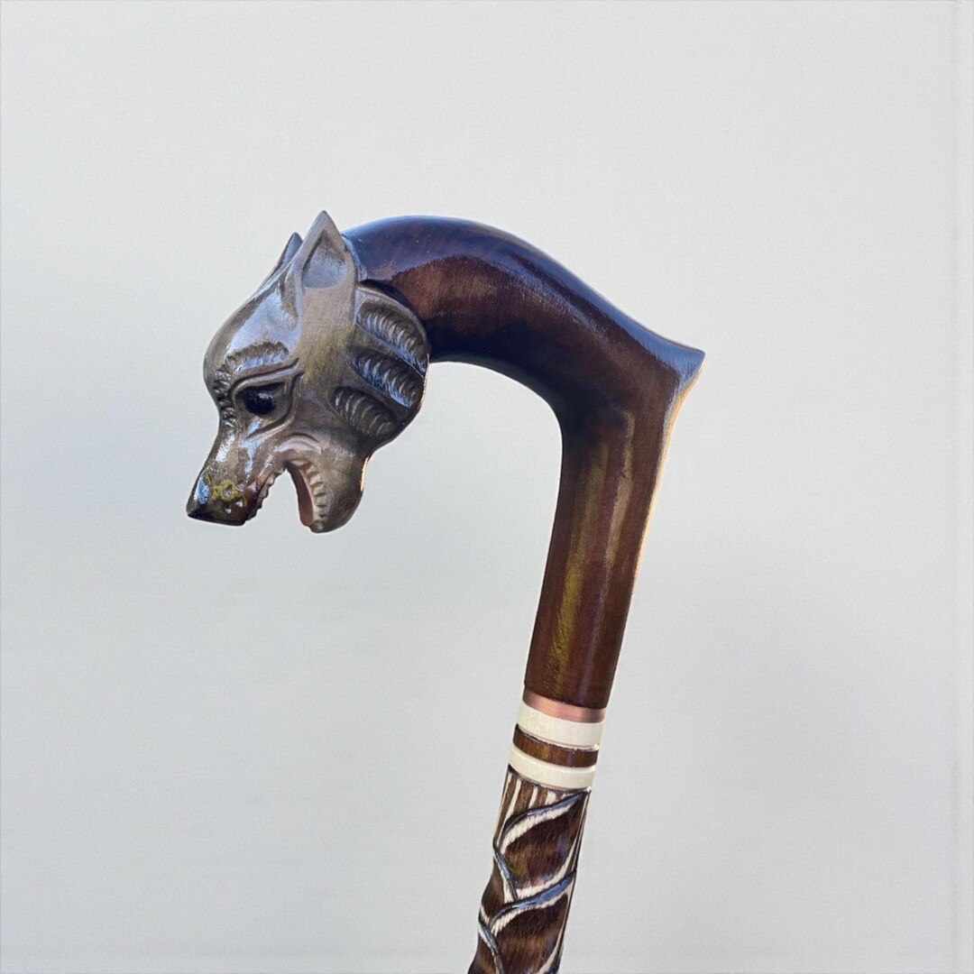 Wolf Cane Wooden Walking Stick Wood Carved Walking Cane for Men Women ...