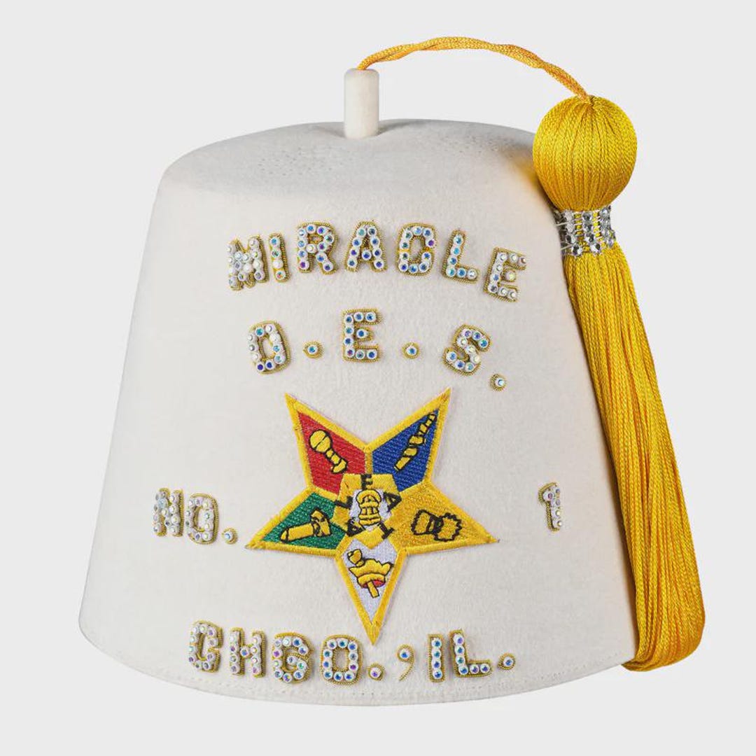 OES Fez Hat – White With Gold Tassel, Rhinestone Lettering & Multicolor ...