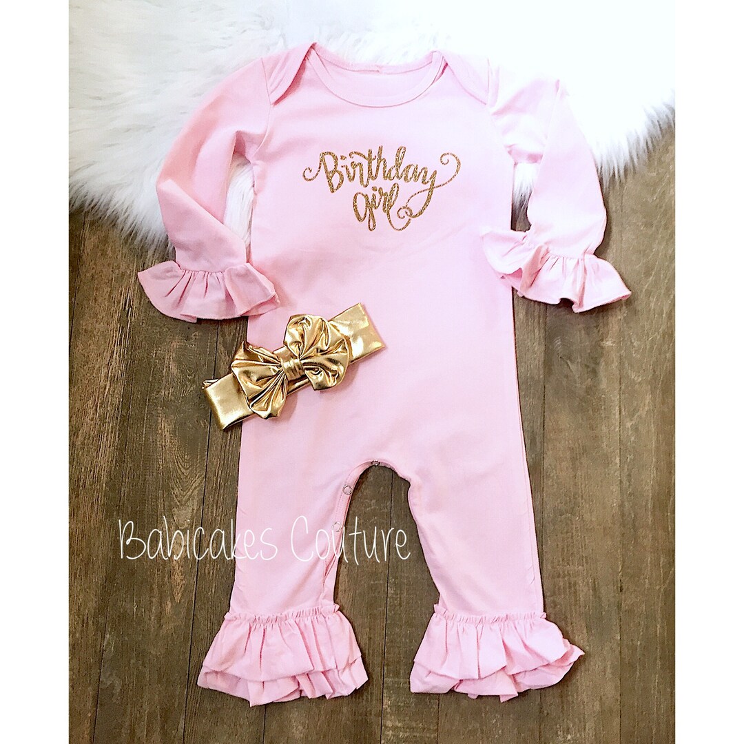 1st Birthday Girl Ruffle Romper: Pink Baby Outfit, Gold Headband - Etsy