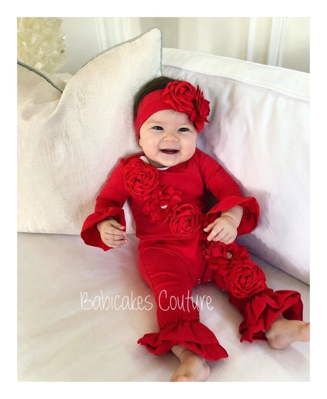 Red Ruffle Baby Romper With Rosettes: Valentine Outfit & Headband - Etsy
