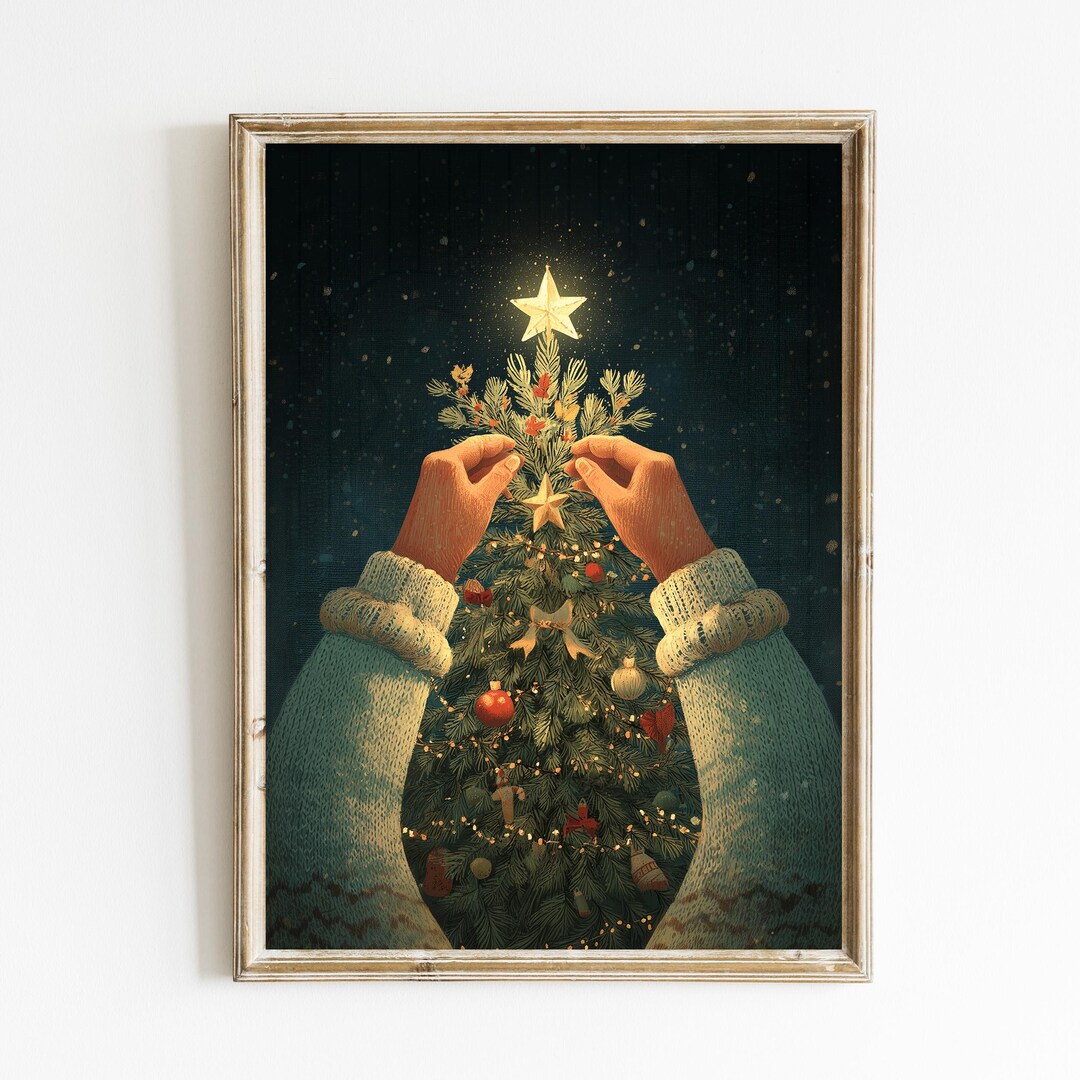 Printable Christmas Art With Christmas Tree, Folk Painting, Holiday ...